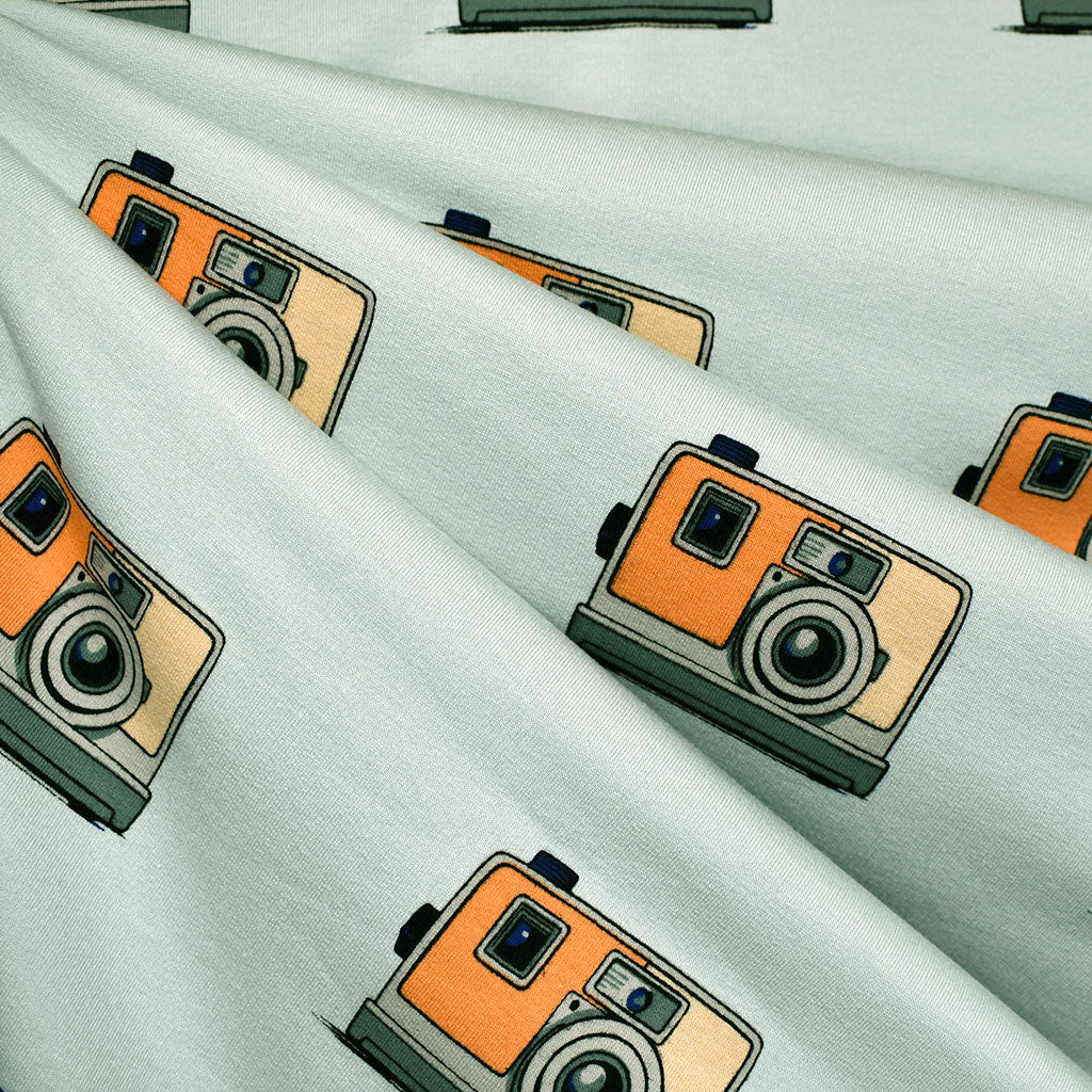 See You at Six Vintage Cameras French Terry Misty Green SY – Style Maker Fabrics
