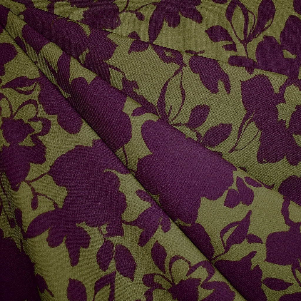 Atelier Jupe Two-Tone Silhouette Floral Rayon Olive/Aubergine – Style Maker Fabrics