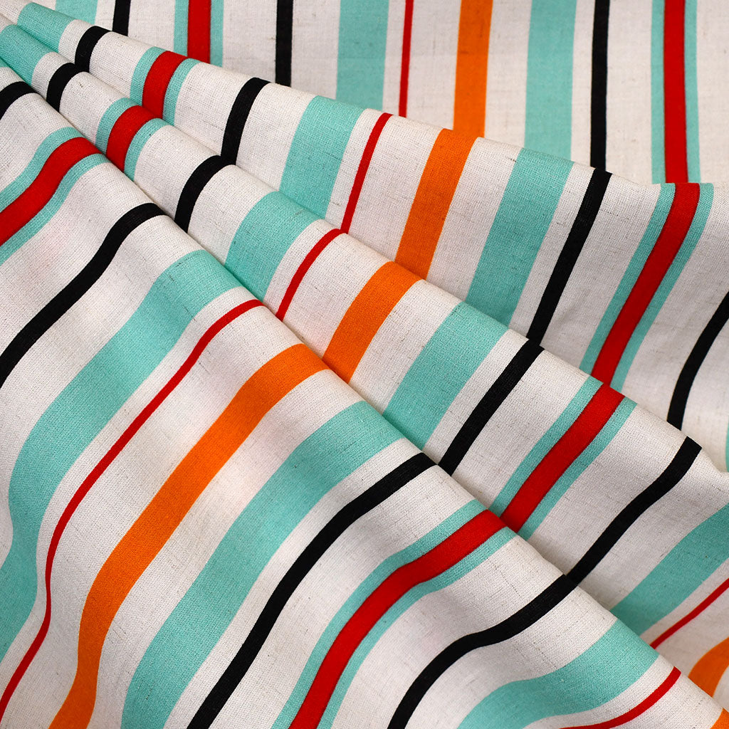 Repeating Stripe Rayon Challis Heather Creaml/Aqua – Style Maker Fabrics