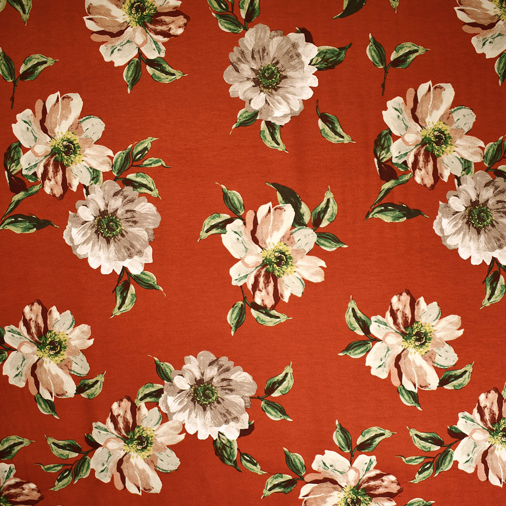 Large Brushstroke Floral Rayon Jersey Knit Rust – Style Maker Fabrics