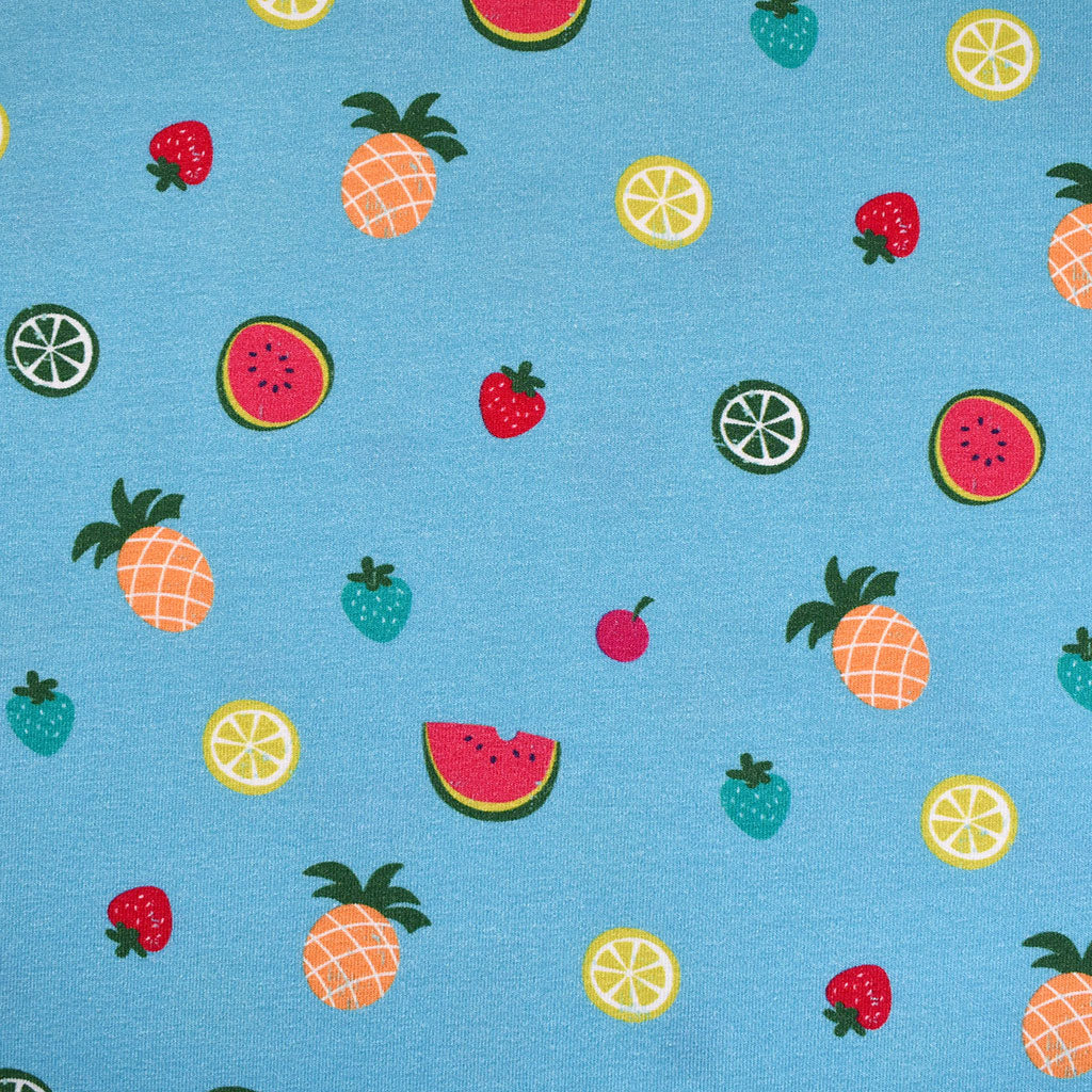 Tossed Summer Fruits Cotton Jersey Knit Aqua – Style Maker Fabrics