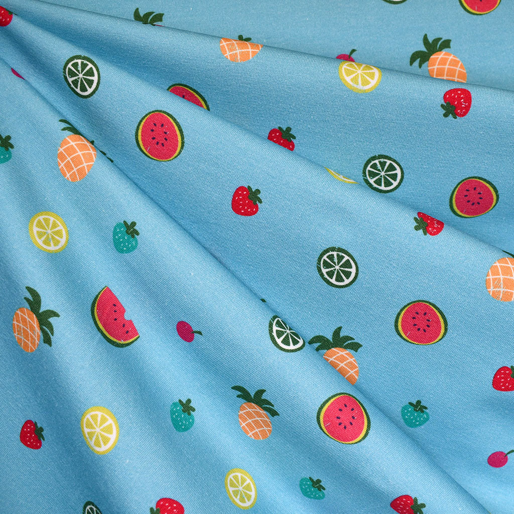 Tossed Summer Fruits Cotton Jersey Knit Aqua – Style Maker Fabrics