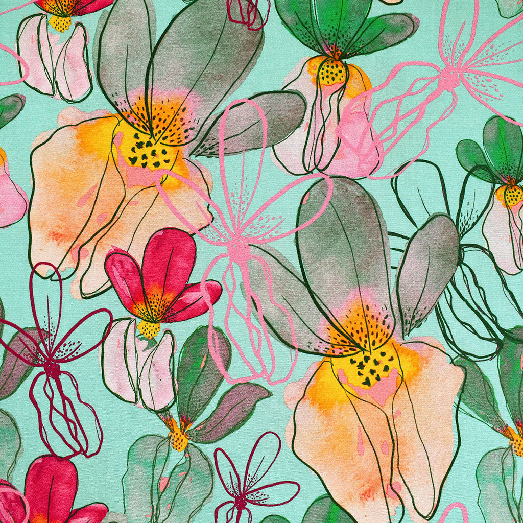 Artistic Orchid Floral Digital Print Rayon Challis Aqua/Coral SY ...