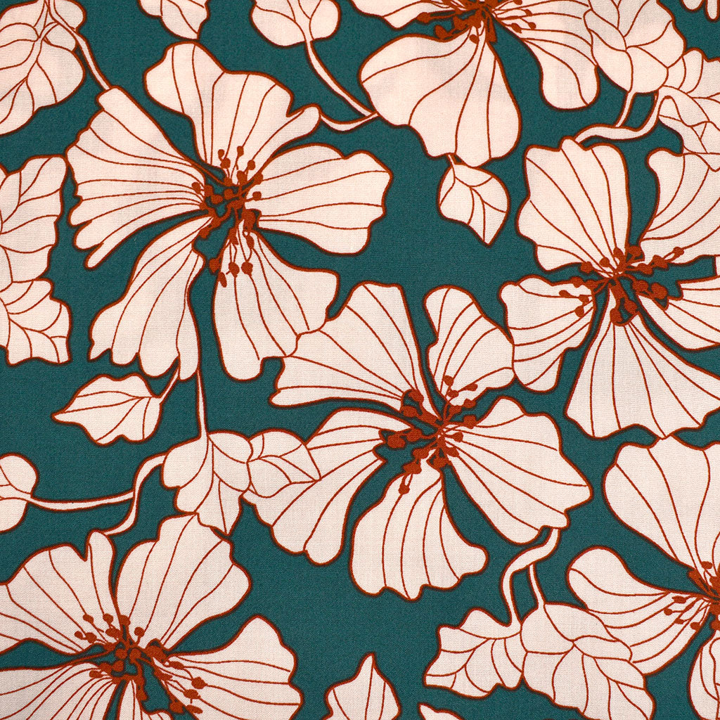 Line Art Scrolling Floral Rayon Challis Jade/Blush – Style Maker Fabrics