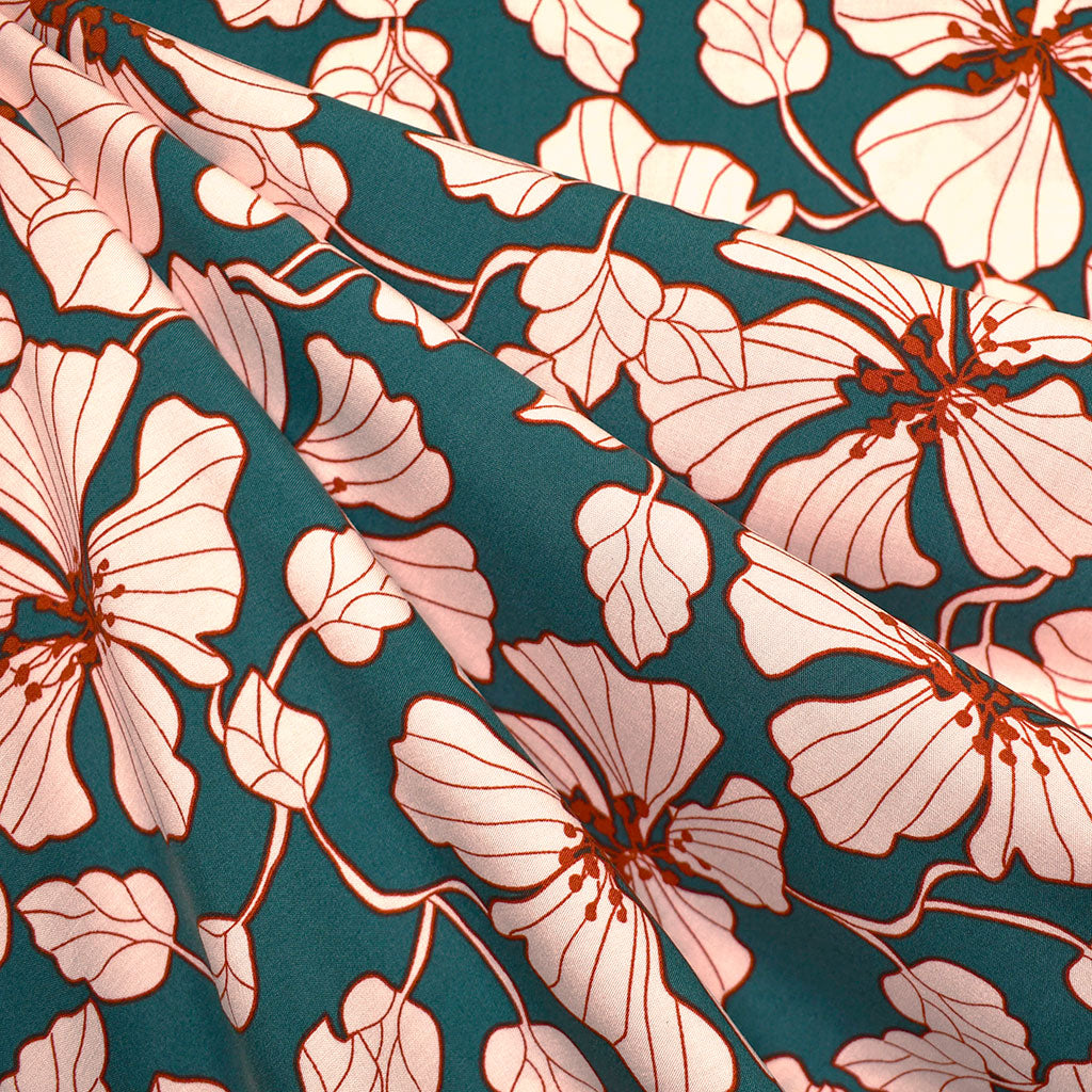 Line Art Scrolling Floral Rayon Challis Jade/Blush – Style Maker Fabrics
