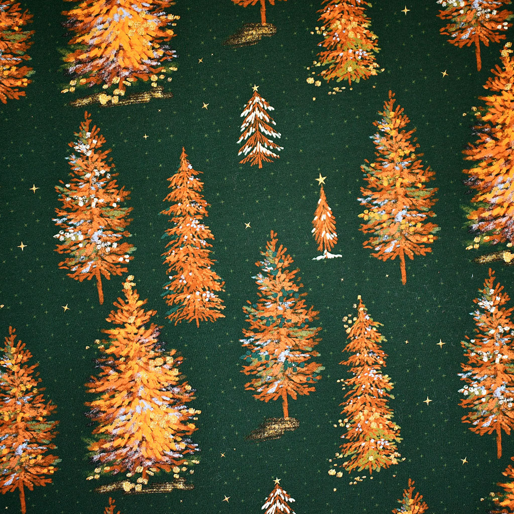 Painterly Festive Trees Cotton Jersey Knit Evergreen – Style Maker Fabrics