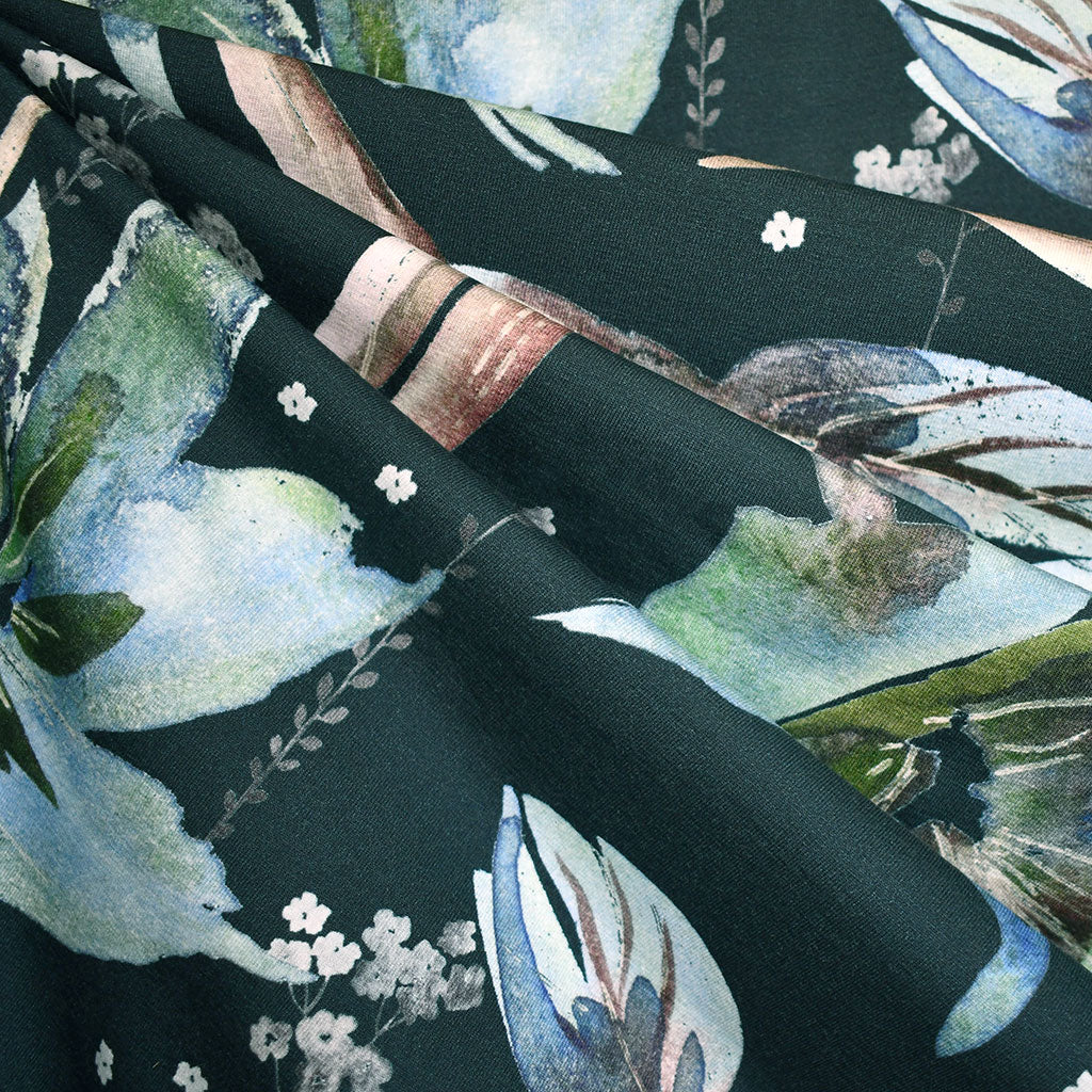 Watercolor Floral Digital Print Cotton Jersey Knit Evergreen/Aqua SY ...