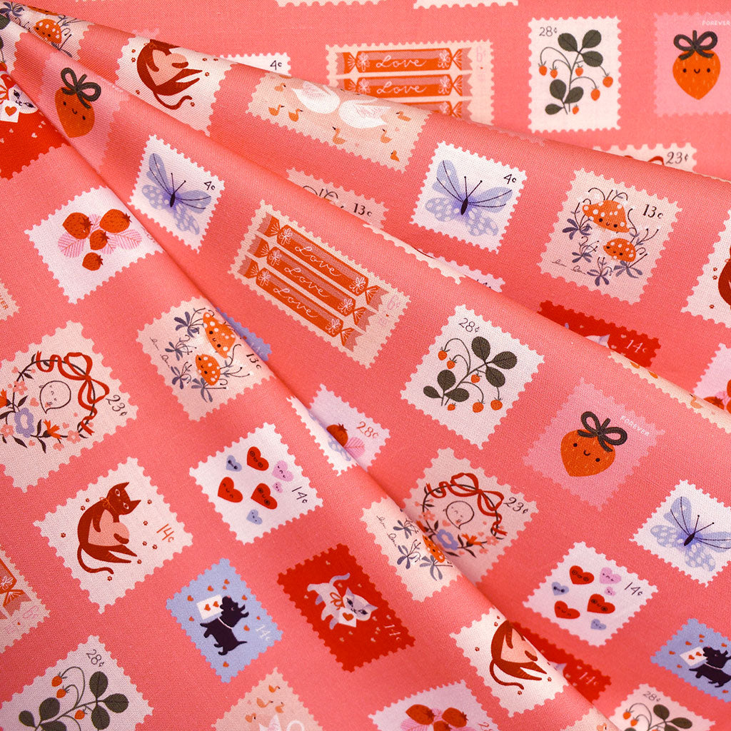 Funny Valentine Postage Stamps Cotton Coral – Style Maker Fabrics