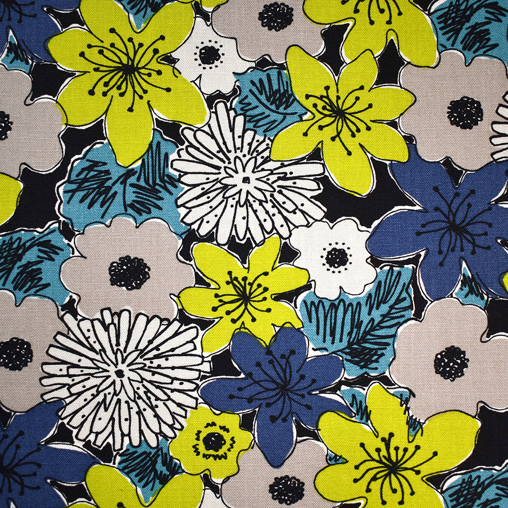 Japanese Layered Sketchy Floral Canvas Citron/Aqua – Style Maker Fabrics